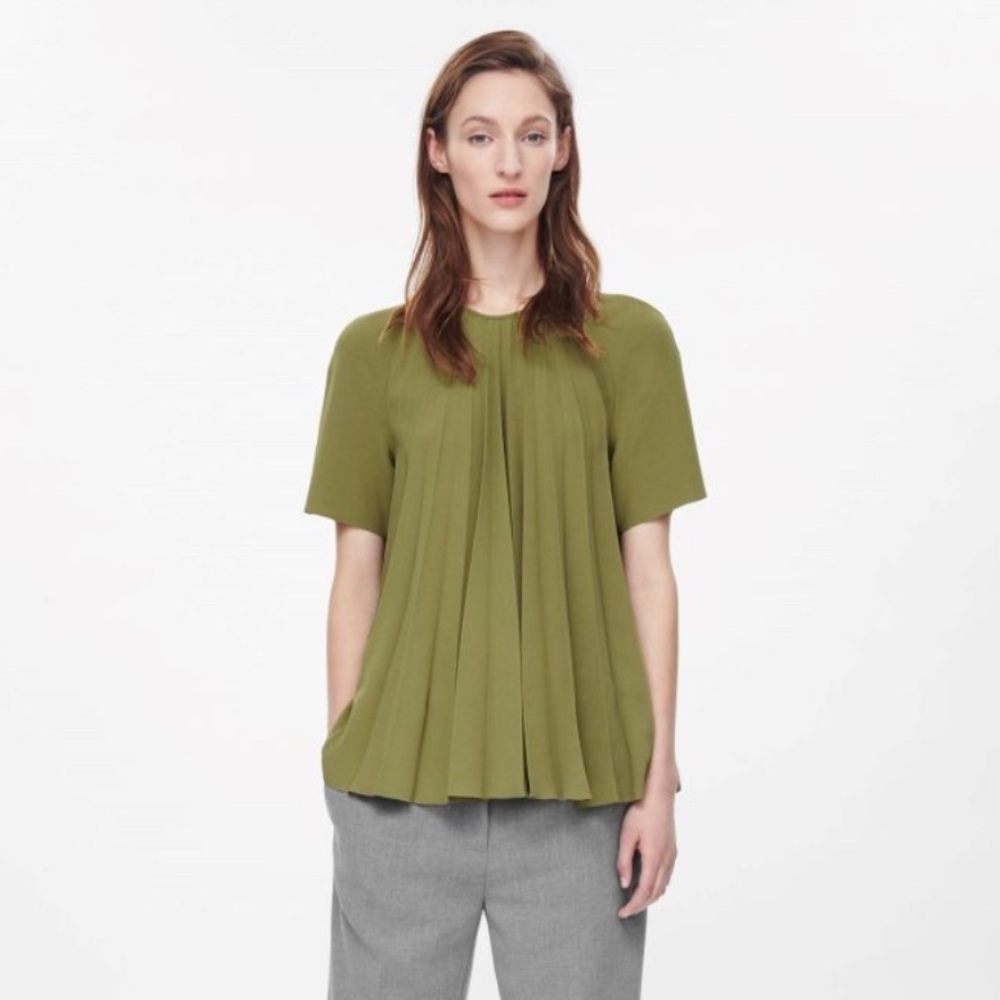 Cos Raw Edge Pleated Top In Olive Green - Gem